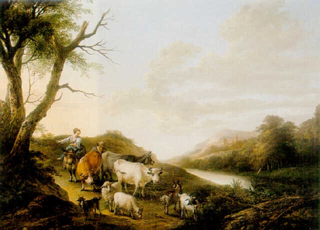 An Italianate landscape with a shepherd and his herd, and a girl riding ...