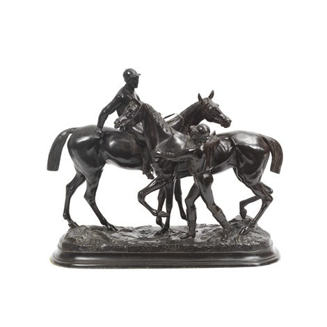 A bronzed spelter equestrian group of two race horses and jockeys by ...
