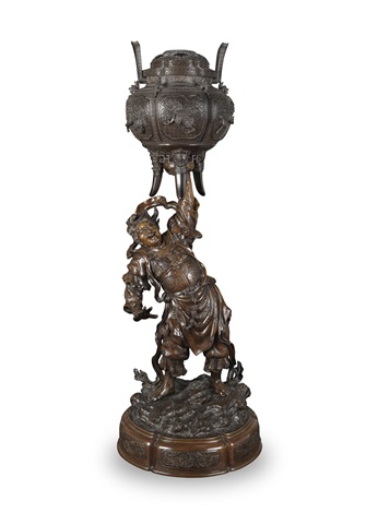 A Bronze Monumental Figure of Kou Xiang Yu Lifting a Large Tripod ...