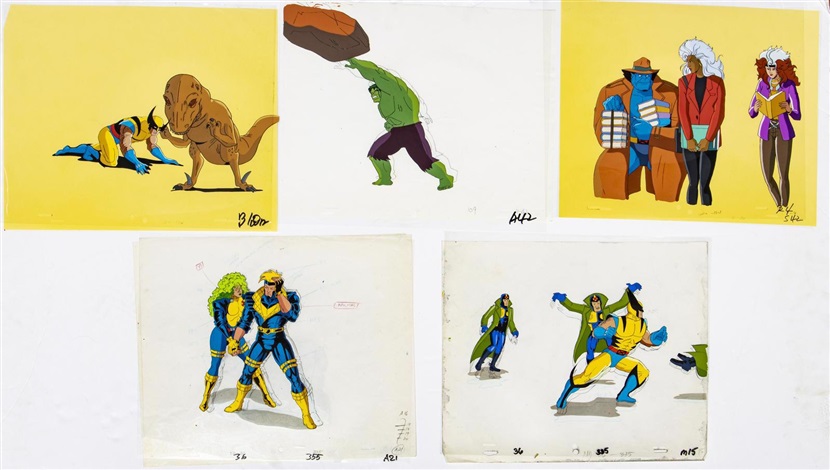 MARVEL PRODUCTION ANIMATION CELS AND SKETCHES, C. 1990S, H 10, W 12, X ...