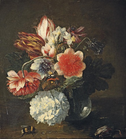 Tulips, narcissi, chrysanthemums, a snowball and other flowers in a ...