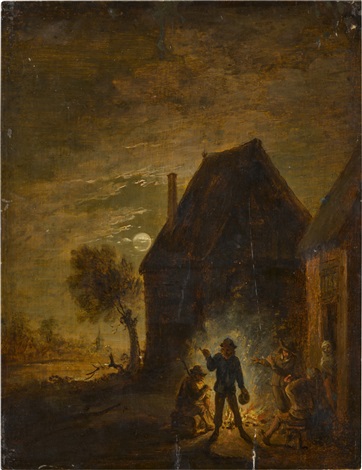 Moonlight farm with figures around a fire by David Teniers the Younger ...