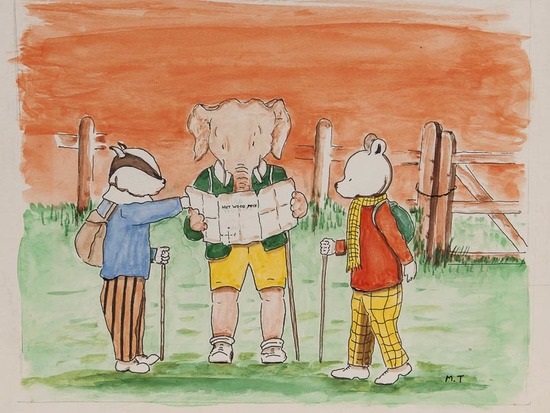 Rupert, Bill Badger and Edward Trunk hiking in Nutwood by Mary Tourtel ...