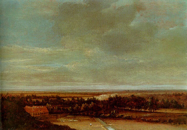 An extensive dune landscape with a farm house and a bleaching ground by ...