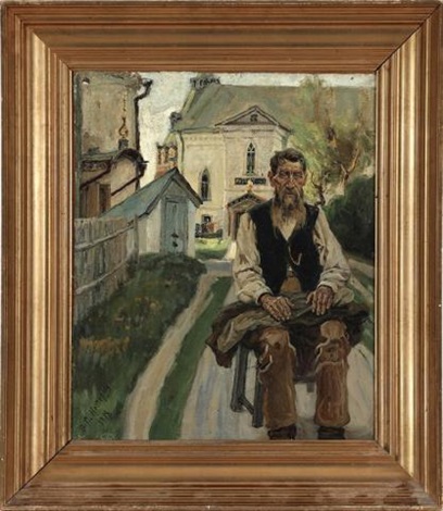 A Russian man sitting in a chair on the road in front of a church by ...