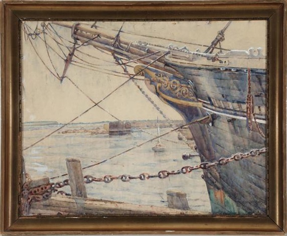 The bow of a ship and in the background a harbour mouth by Marie ...