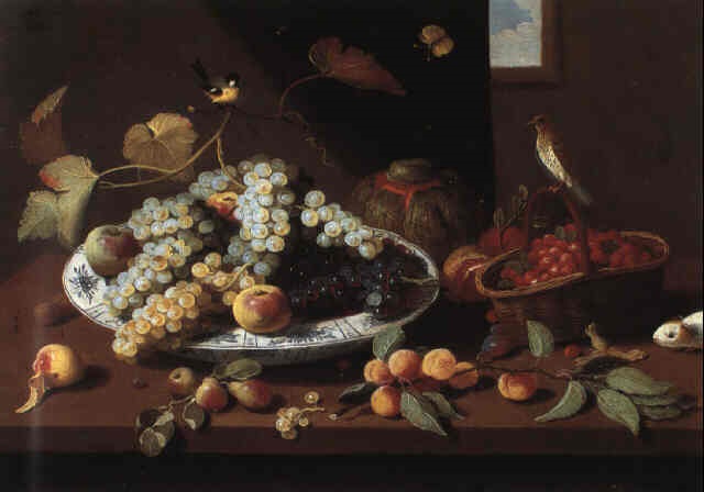 Still life with fruit, a hamster and birds on a wooden table by Jan van ...