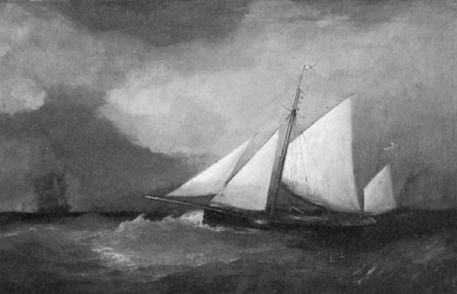 A British sloop in stormy seas, with a clipper ship in the distance off ...