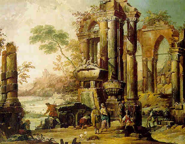 A capriccio of classical ruins with peasants resting by Niccolò Codazzi ...