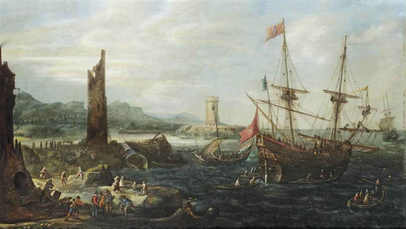 A coastal scene with a warship flying the Papal warflag and a Dutch ...