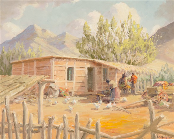 Native American homestead with figures, chickens and cabin in the ...
