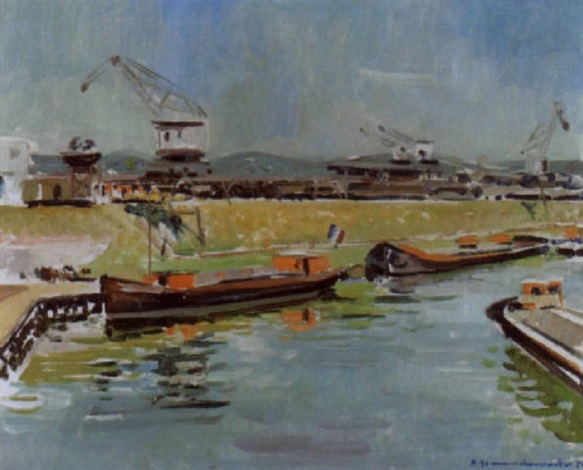 Rheinhafen in Basel im Sommer by Albert Neuenschwander on artnet