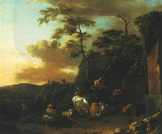 A southern landscape with peasants and their animals beside a fountain ...