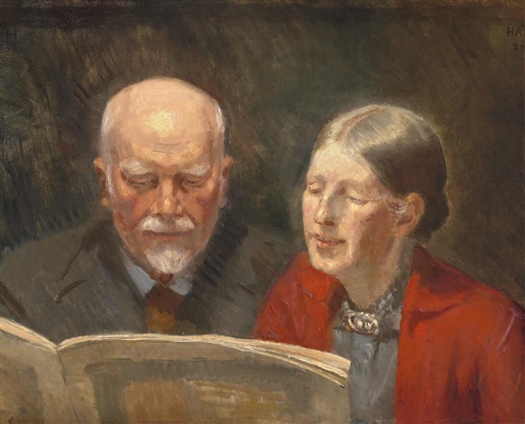 Double portrait of Anna and Michael Ancher, the artists parents reading ...