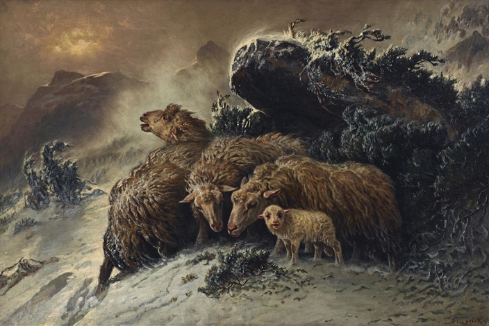 Sheeps in a winter storm by August Friedrich Albrecht Schenck on artnet