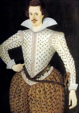 Portrait of a gentleman wearing a white slashed doublet and brown ...