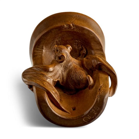 A Wood Netsuke of a Bat on a Roof Tile by Nishino Shoko on artnet