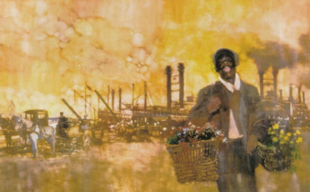 Flower seller with steamboats in background by Bernard (Bernie) Fuchs ...
