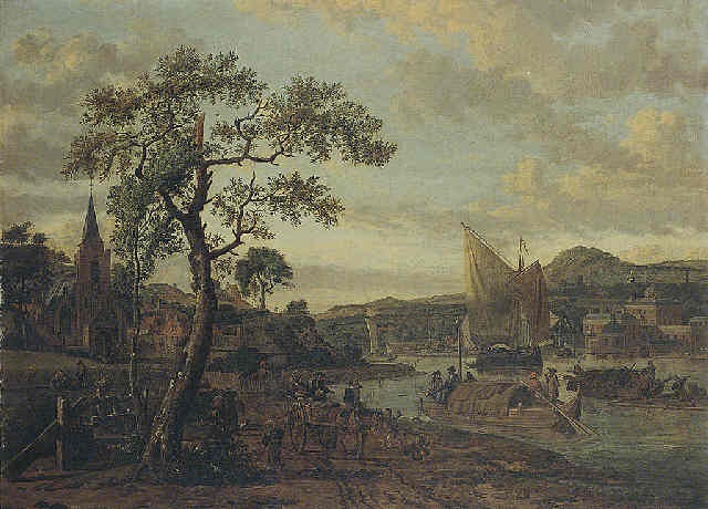 A river landscape with barges and other vessels before a town ...