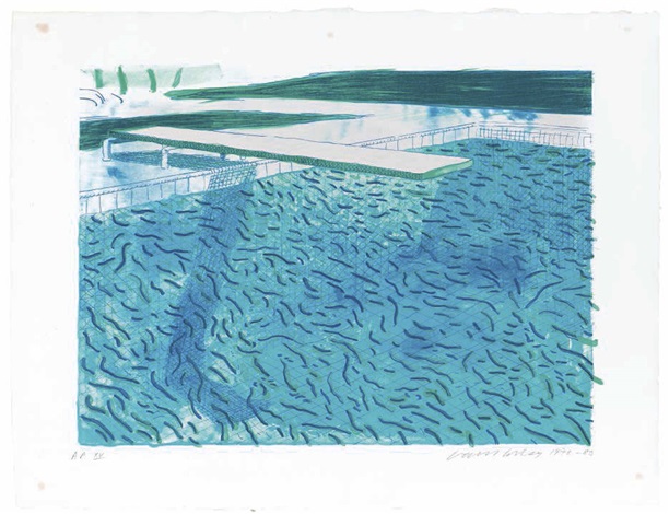 Lithograph of Water made of thick and thin lines, a green wash, a light ...