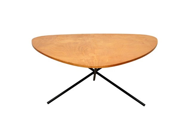 A Meurop coffee table, circa 1950s, the curved triangular table top ...