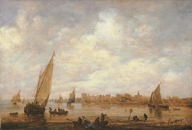Rupelmonde Castle from the Schelde, with fishermen hauling in their ...