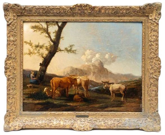 Italianate landscape with cattle and sheep near a mountain pass by ...