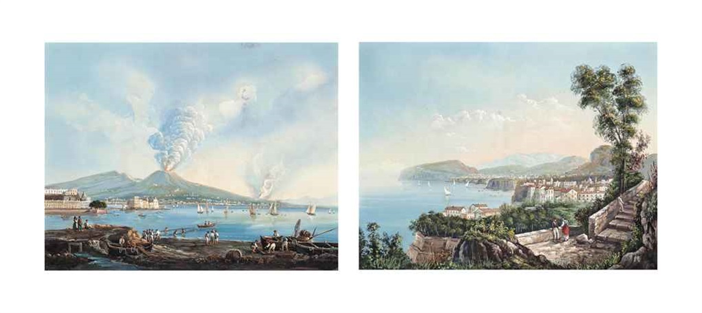 Fishermen on the Bay of Naples before Vesuvius, Vessels off the shore ...