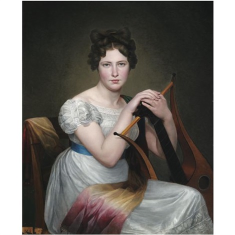 Portrait of a young lady, seated, in a white dress, holding a lyre by ...