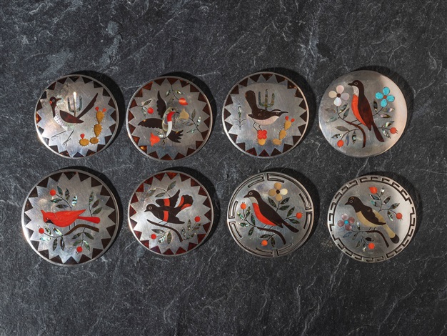 Group of Mosaic Inlay Bird Pins by Dennis and Nancy Edaakie on artnet