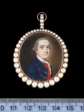 A gentleman, wearing blue coat with gold embroidered button holes, red ...