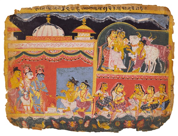 A leaf from the Palam Bhagavata Purana The initiation of Krishna and ...