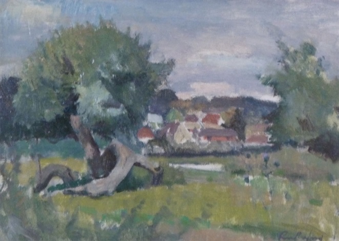 Landscape with fallen tree, village in the background by Harry ...