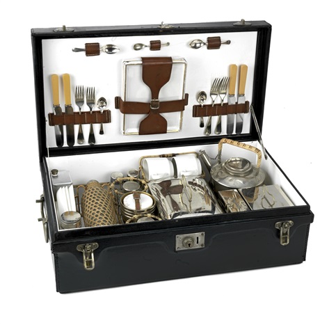A cased Coracle picnic set for four persons by G.W.Scott Sons, circa ...