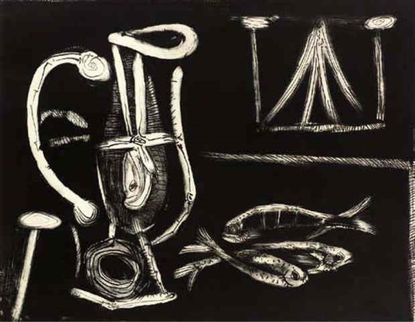 Table with fish, black backgroundThree states by Pablo Picasso on artnet