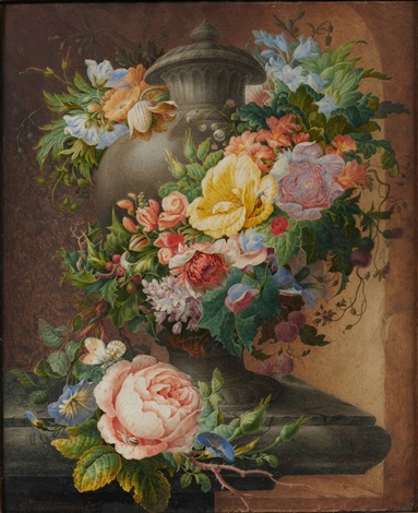An urn, garlanded with flowers with various insects and snails on a ...