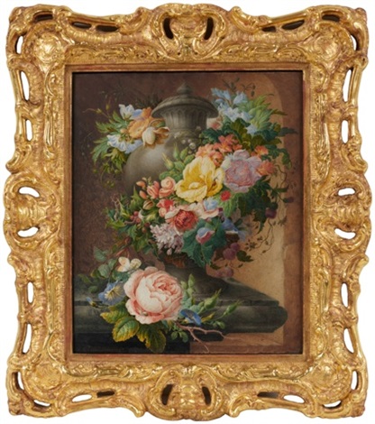 An urn, garlanded with flowers with various insects and snails on a ...