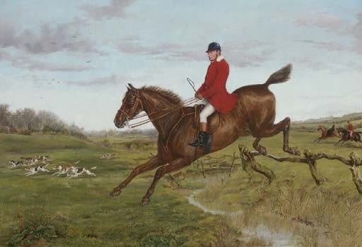 George Castleman on his hunter Carlist, jumping a fence, with hounds of ...