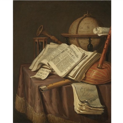A vanitas still life with a globe, an hour-glass, a book and a score ...