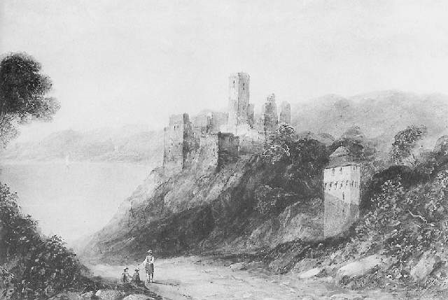 Figures by a ruined castle in a coastal landscape by Edward Tucker on ...
