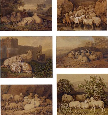 Seven sheep among shrubs in an extensive landscape by Johann Heinrich ...