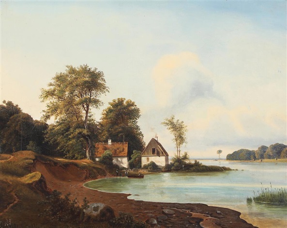 Landscape with persons and boat at the lake by Alexander Schmidt on artnet