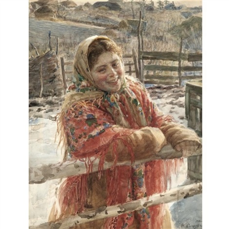 Smiling peasant girl by Fedot Vasilievich Sychkov on artnet