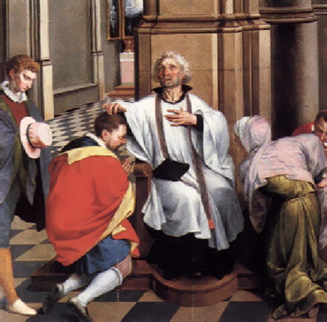 A cathederal interior with a priest in the act of absolution by Pieter ...