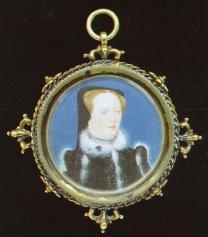 Portrait of a noblewoman Mary Neville in gown trimmed with fur, a gold ...