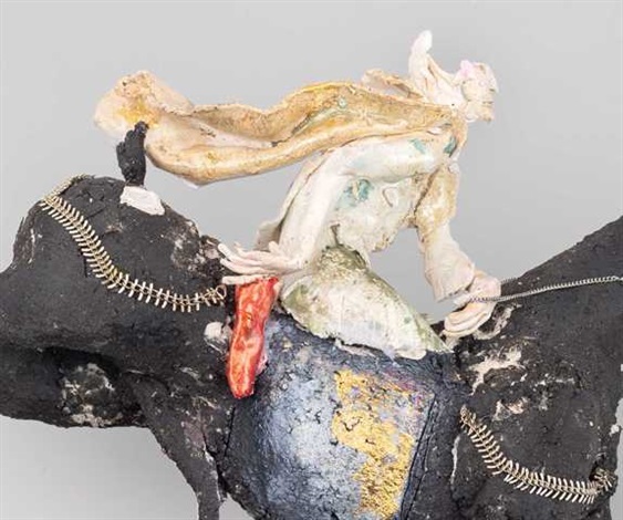 An earthenware and mixed media sculpture of a running horse and rider ...