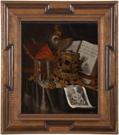 Vanitas still life with a laurelled skull upon an inverted crown by ...