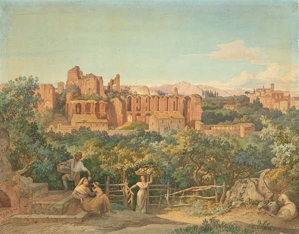 Roman landscape with ruins, in the foreground figures harvesting fruit ...