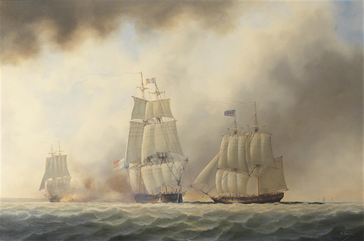 The French frigate Pallas in action with H.M. sloop Fairy and H.M. brig ...