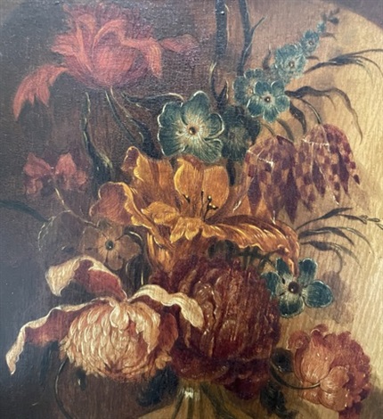 A pair of still life studies depicting flowers in glass vases, in ...